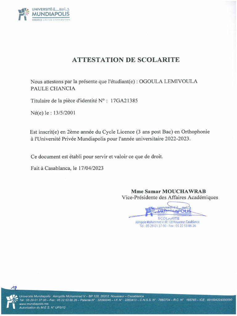 Attestation de Scolarité | PDF