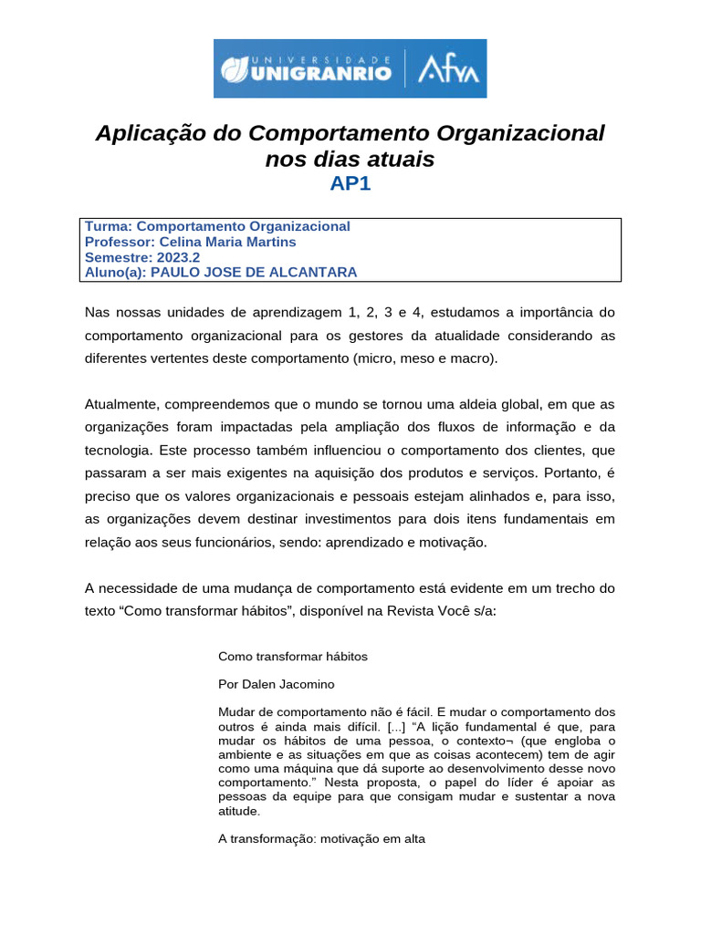 Comportamento Organizacional - AP1 - 2023.2 - Resposta | PDF