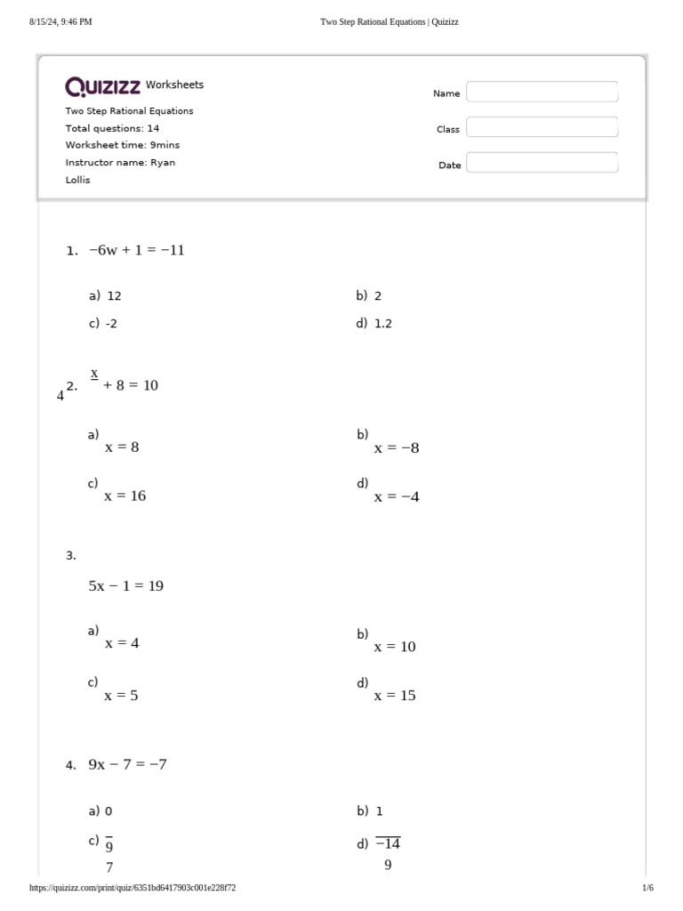 Two Step Rational Equations - Quizizz | PDF