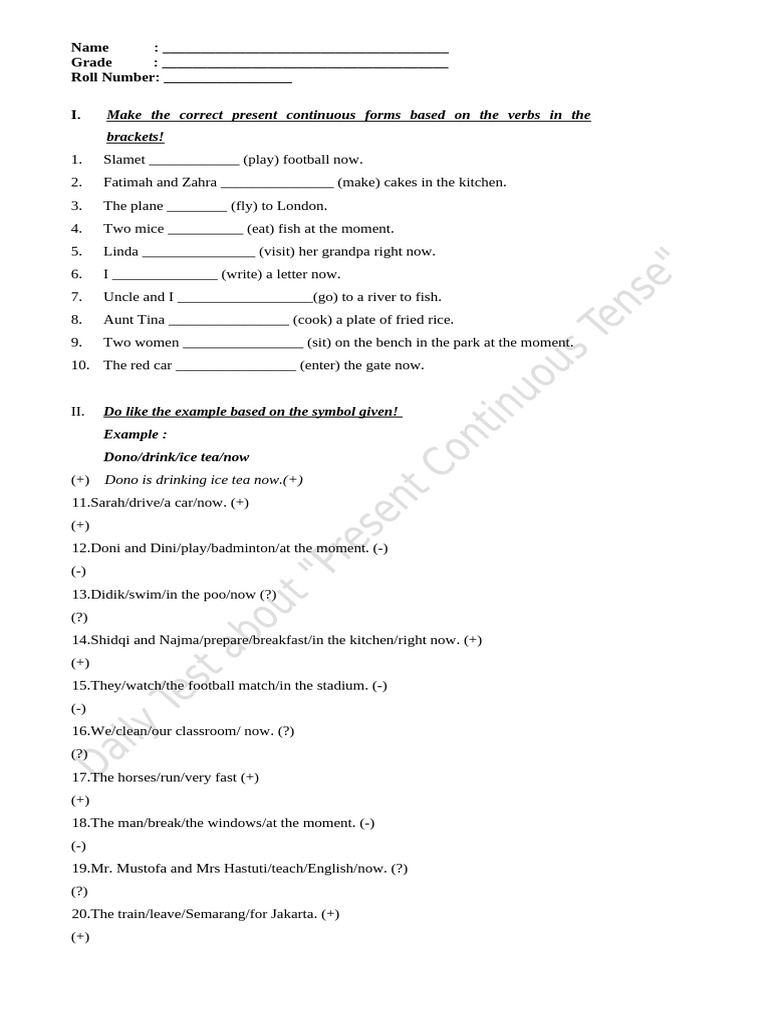 DAILY TEST PRESENT CONTINUOUS TENSE 8th GRADE 2324 | PDF