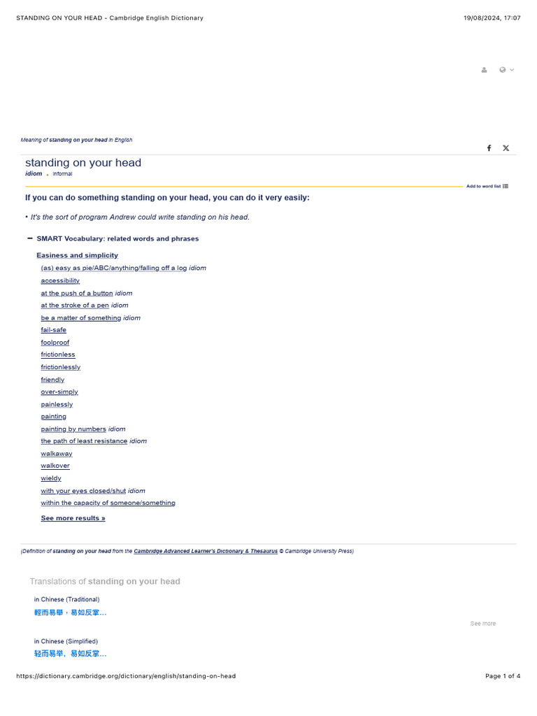 STANDING ON YOUR HEAD - Cambridge English Dictionary | PDF