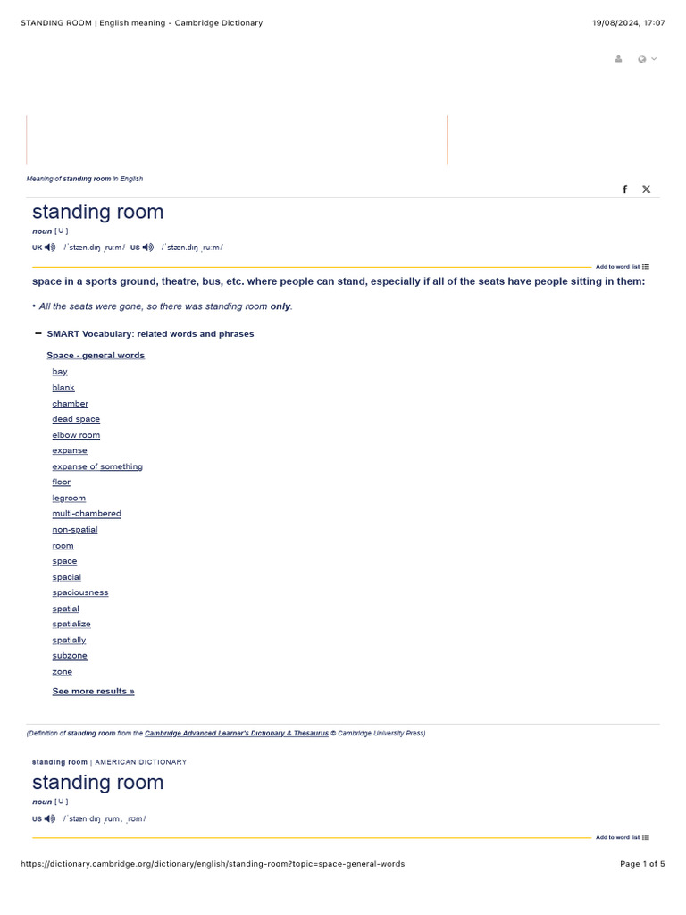 STANDING ROOM - English Meaning - Cambridge Dictionary | PDF