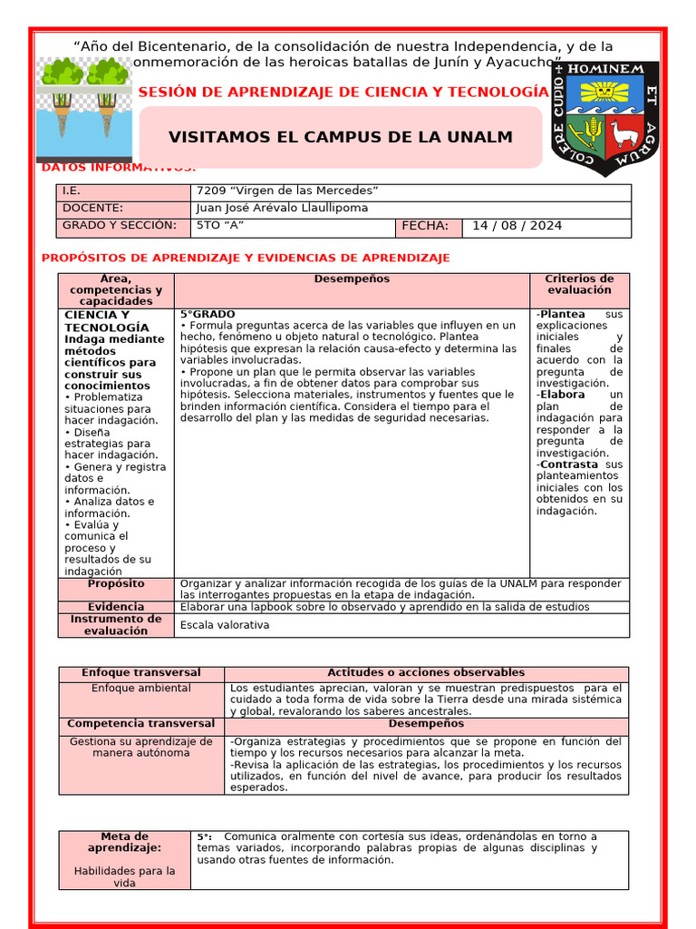 Experiencia 6 - Visitamos El Campus de La UNALM | PDF