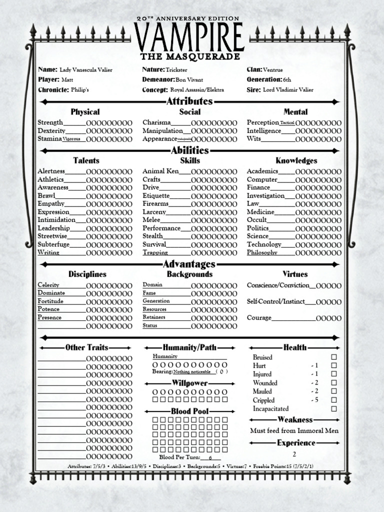 VTM Valier Character Sheet | PDF