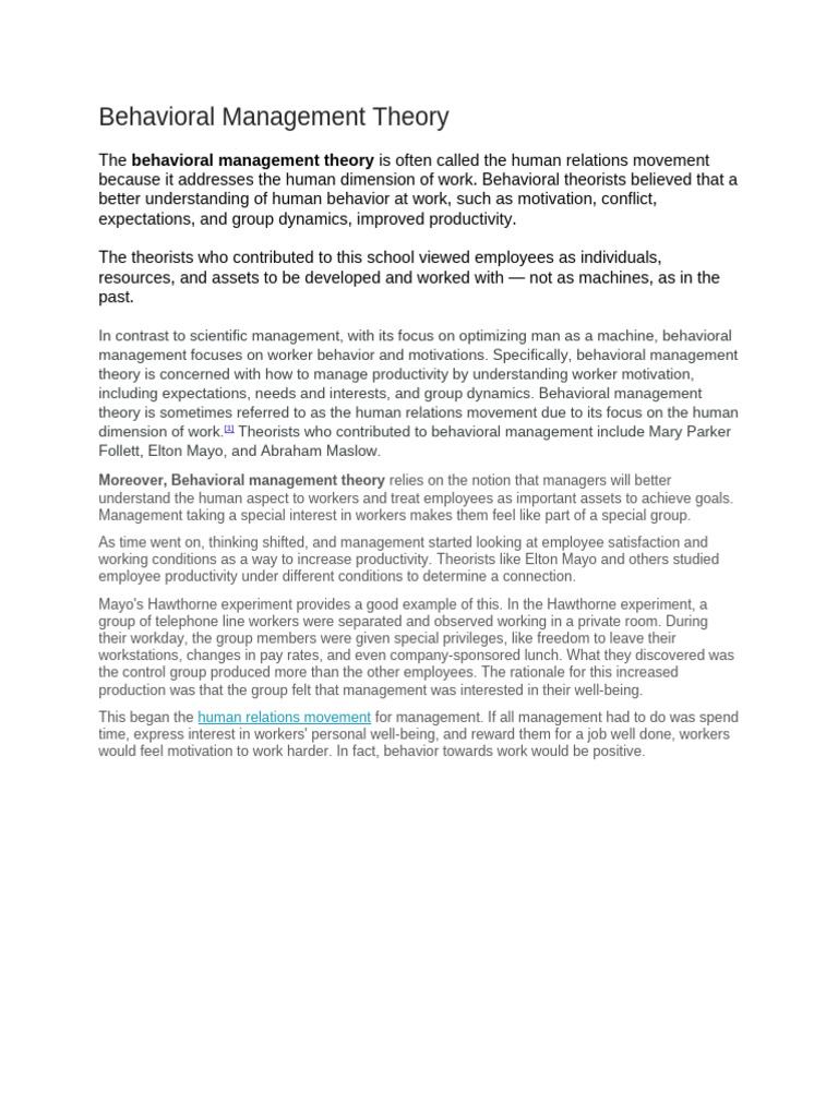Behavioral Management Theory | PDF