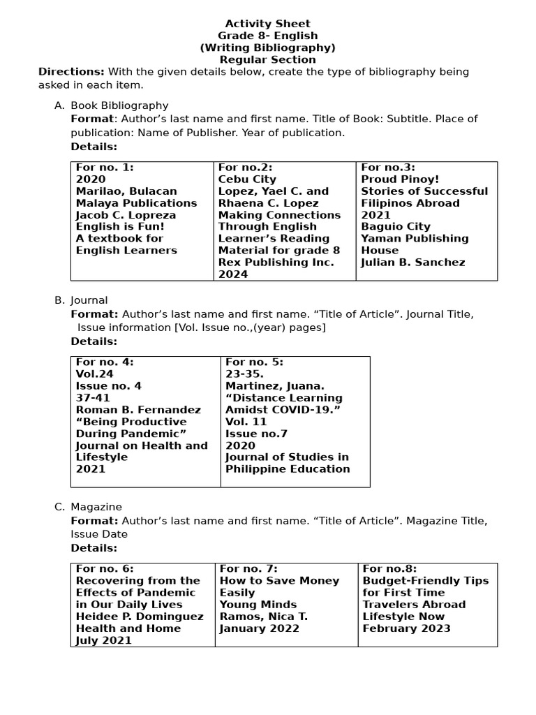 Activity Sheets For English Bibliography Regular Section | PDF