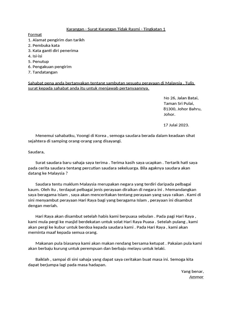 Karangan Format Surat Tidak Rasmi Dan Syarahan | PDF