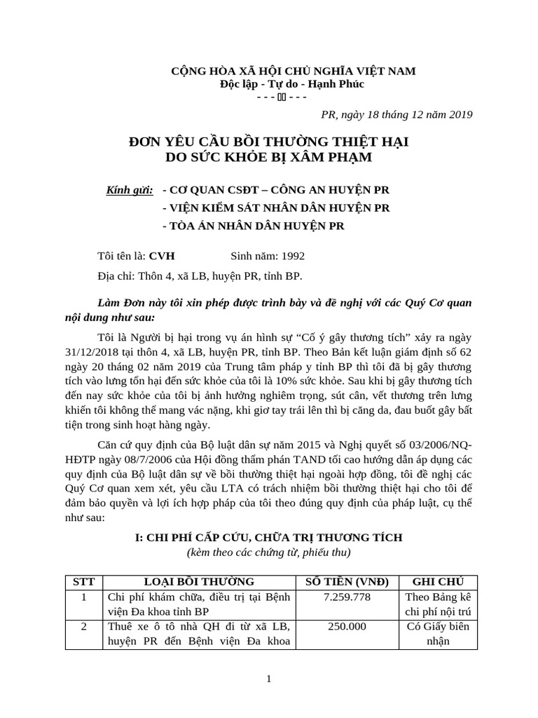 17. Đơn yêu cầu bồi thường thiệt hại - BH CVH | PDF