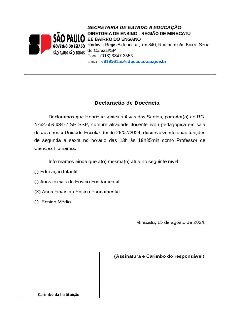 Declaração Docência | PDF