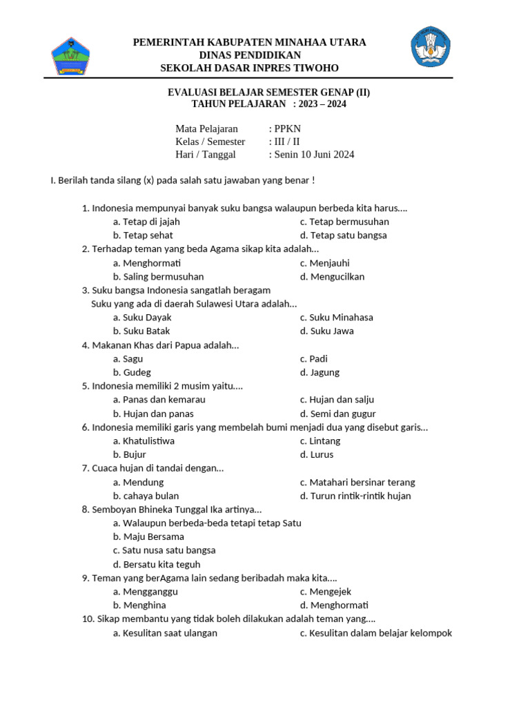 Soal PPKN Kls 3 Semester 2 | PDF