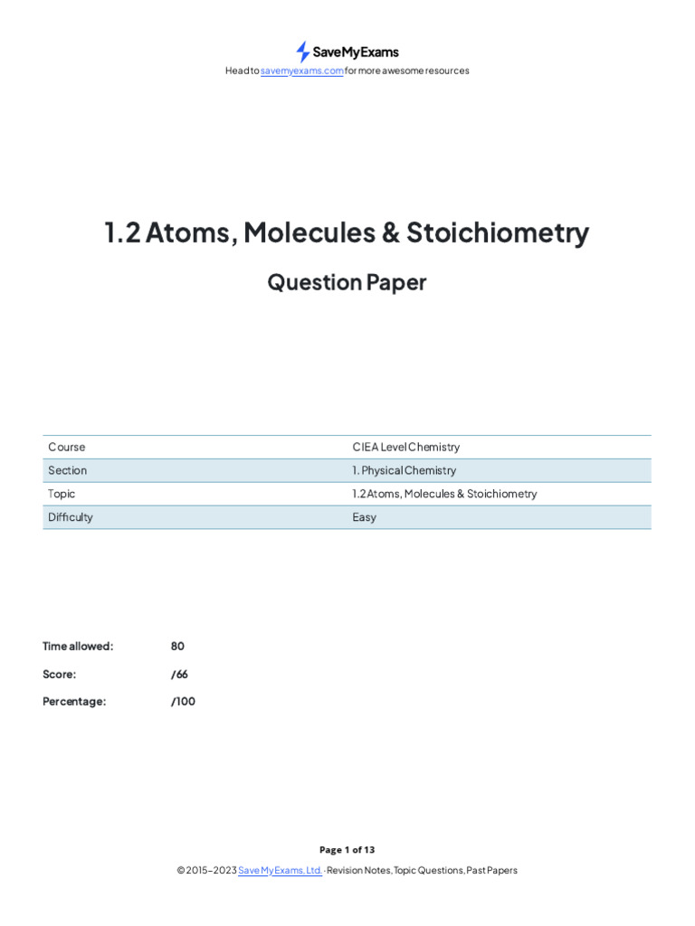 1.2 Atoms, Molecules & Stoichiometry SE | PDF