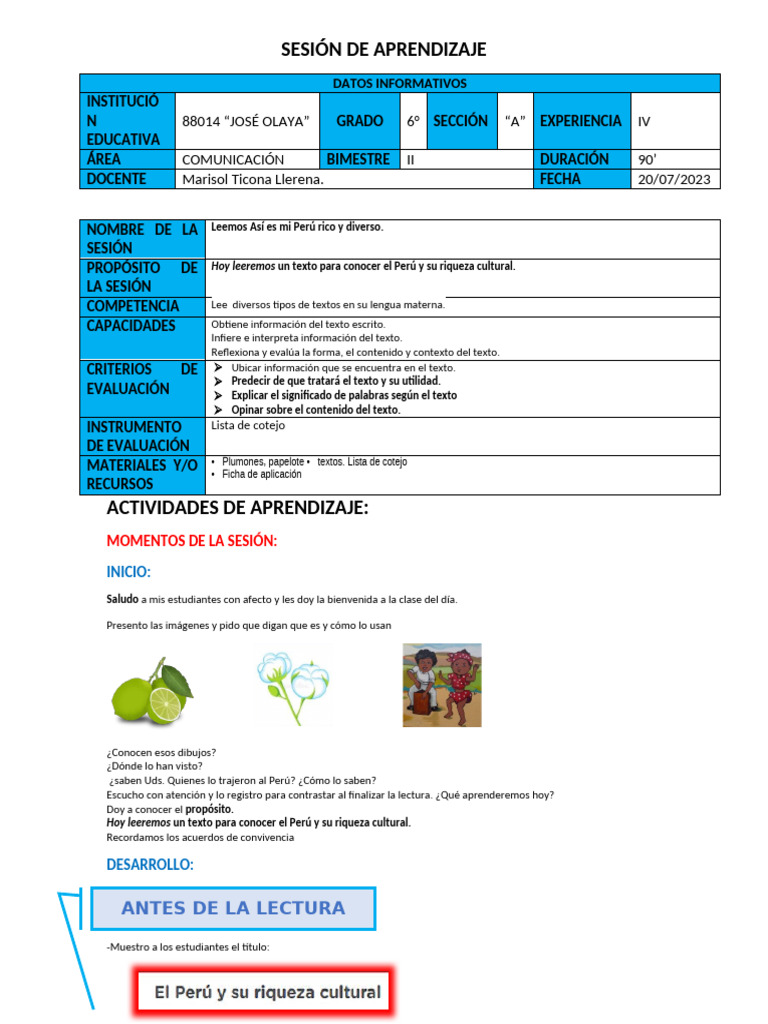 Sesión de Aprendizaje Asi Es Mi Perú. | PDF