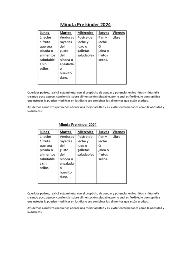 Minuta Pre kínder 2024 | PDF