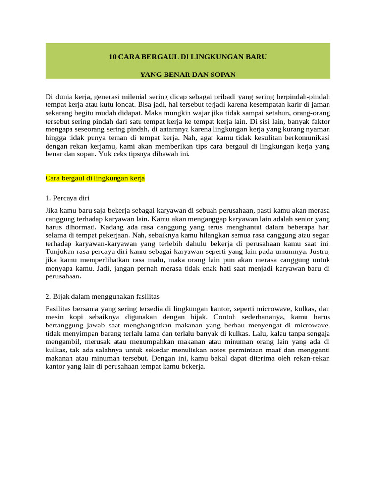 10 Cara Bergaul Di Lingkungan Baru | PDF