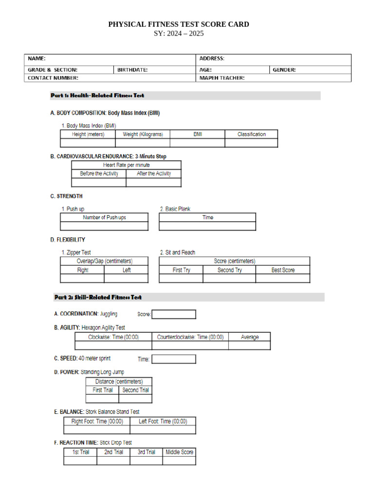 PFT Score Card 2024 2025 | PDF