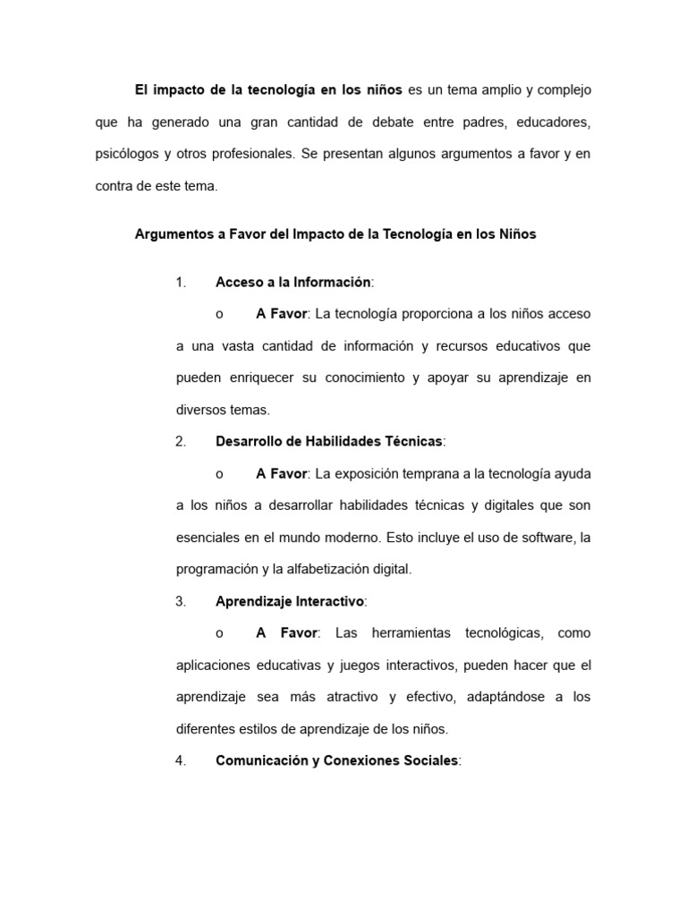 El Impacto de La Tecnolog-A en Los Ni-Os Es Un Tema Amplio y Complejo Que Ha Generado Una Gran ...