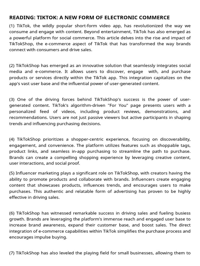 Reading Tiktok A New Form of Electronic Commerce | PDF