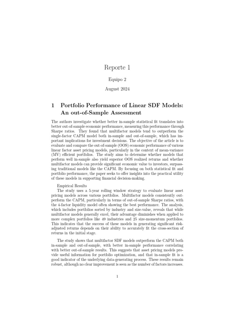 Portfolio Performance of Linear SDF Models | PDF