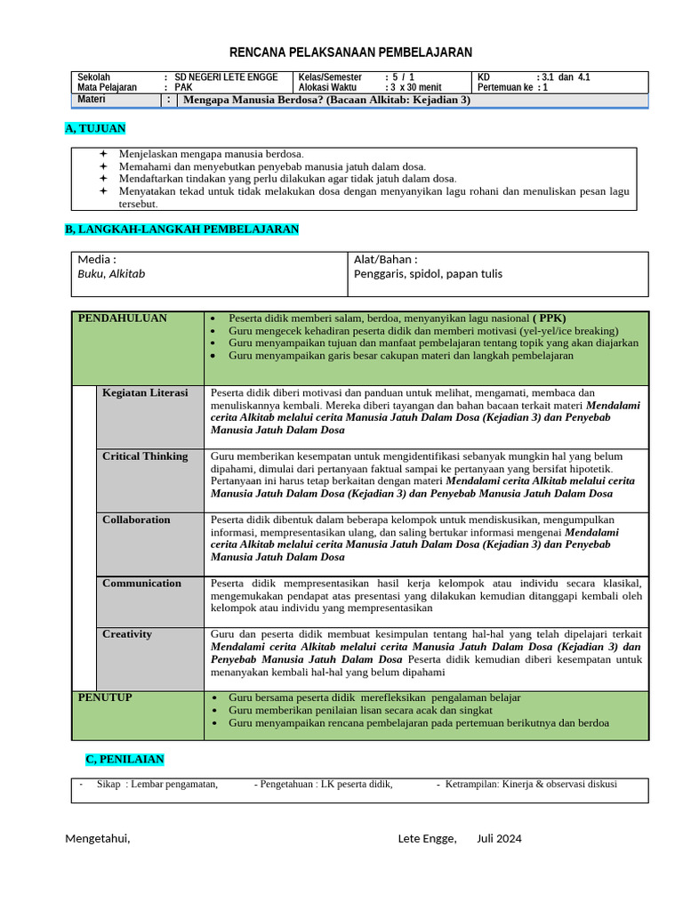 RPP Kelas V Sem 1 | PDF