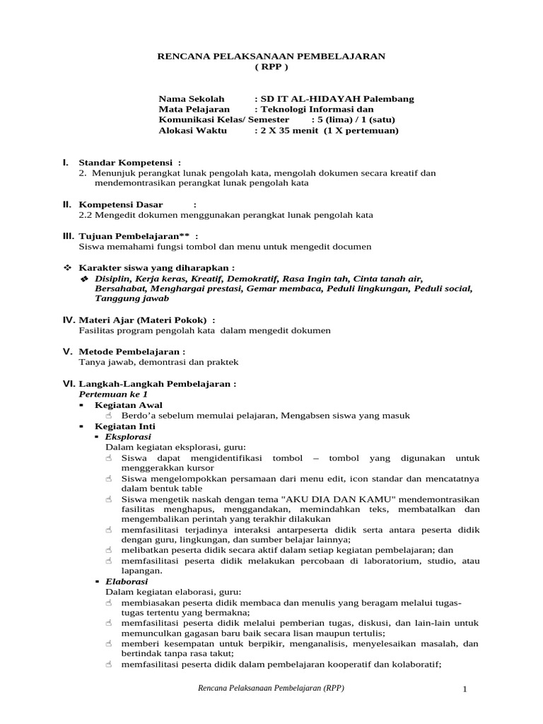 RPP TIK KELAS 5 SD, SYAPRIADI.S.Kom | PDF