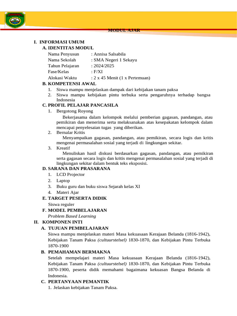 MODUL AJAR Kelas XI Fase F 4 | PDF