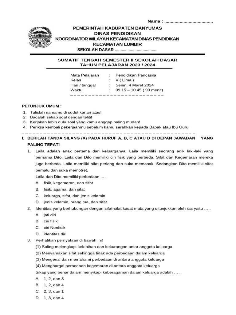 SOAL STS 2 Pend. Pancasila Kelas 5 | PDF