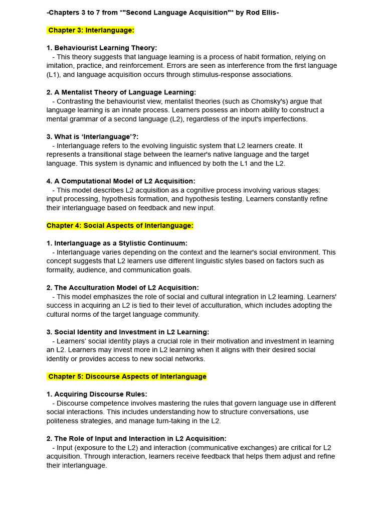 Chapters 3 To 7 From - Second Language Acquisition - by Rod Ellis | PDF