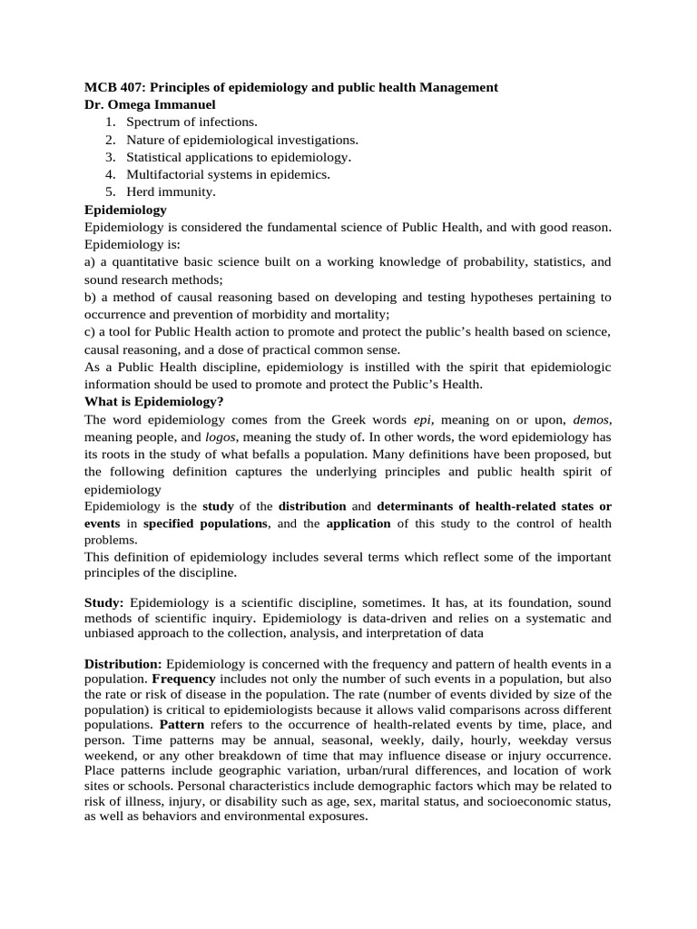 MCB 407 Principle of Epidemiology and Public Health Lecture Note 2024 | PDF | Epidemiology ...