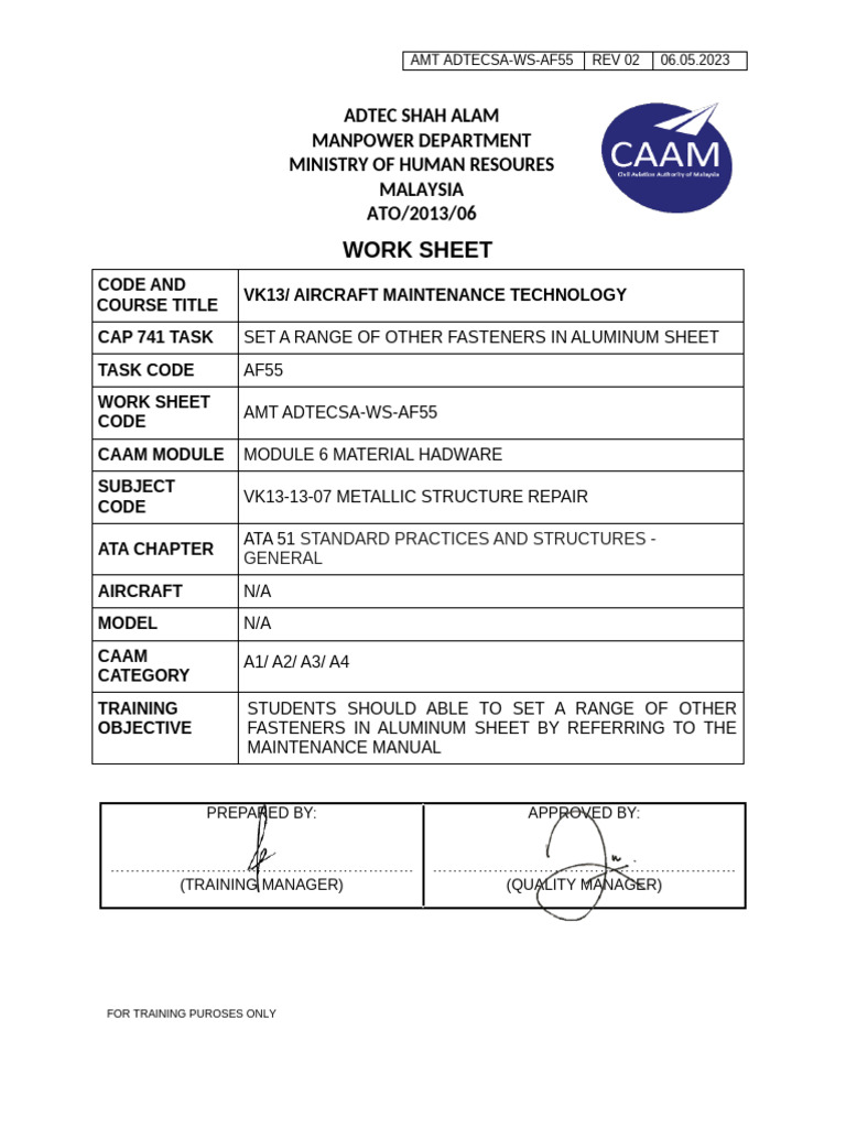 Work Sheet AF 55 Rev 2 | PDF