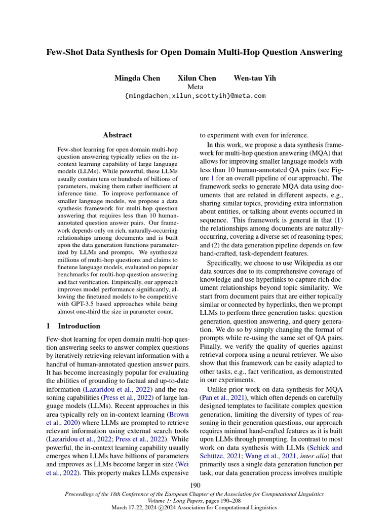 Few-Shot Data Synthesis For Open Domain Multi-Hop Question Answering | PDF