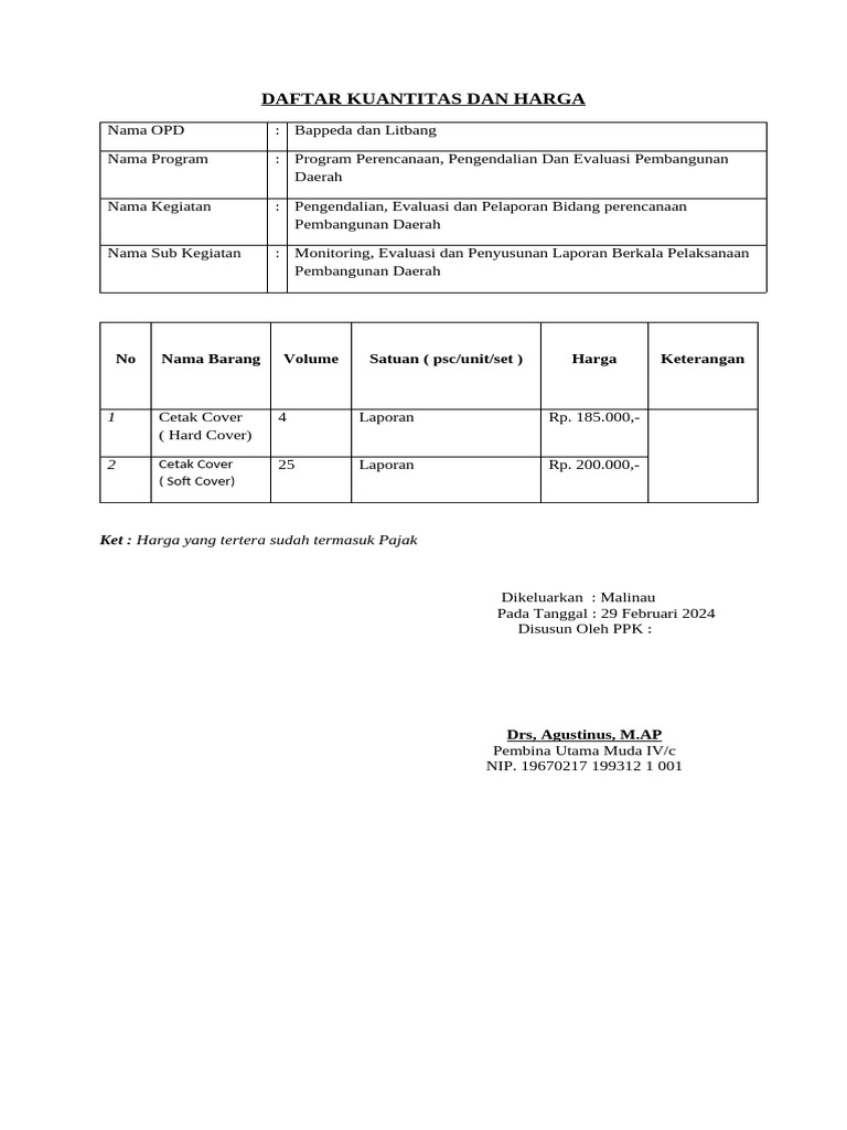 DAFTAR KUANTITAS DAN HARGA MAKAN MINUM | PDF