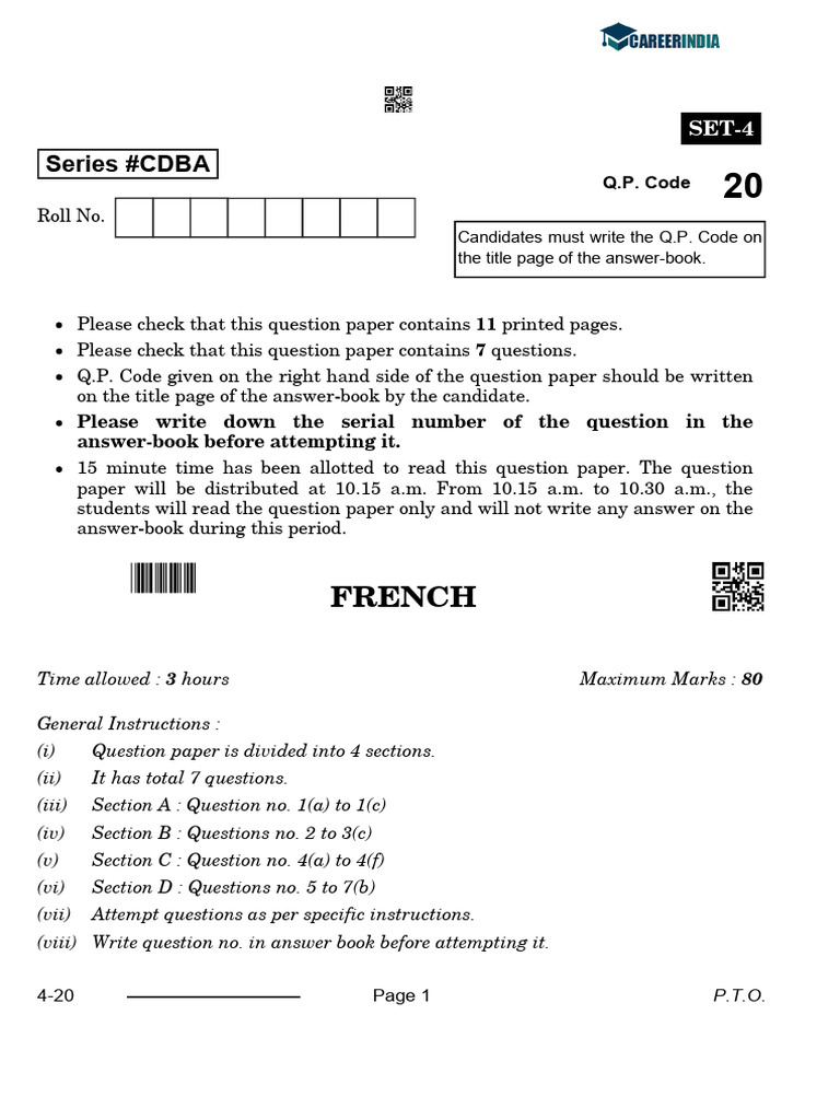 Class 10 French Board Paper 2024 | PDF