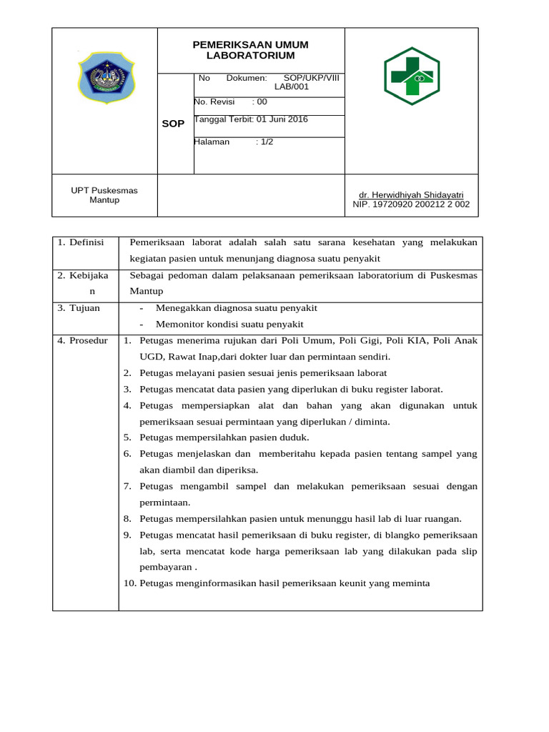 Sop Pemeriksaan Laborat | PDF