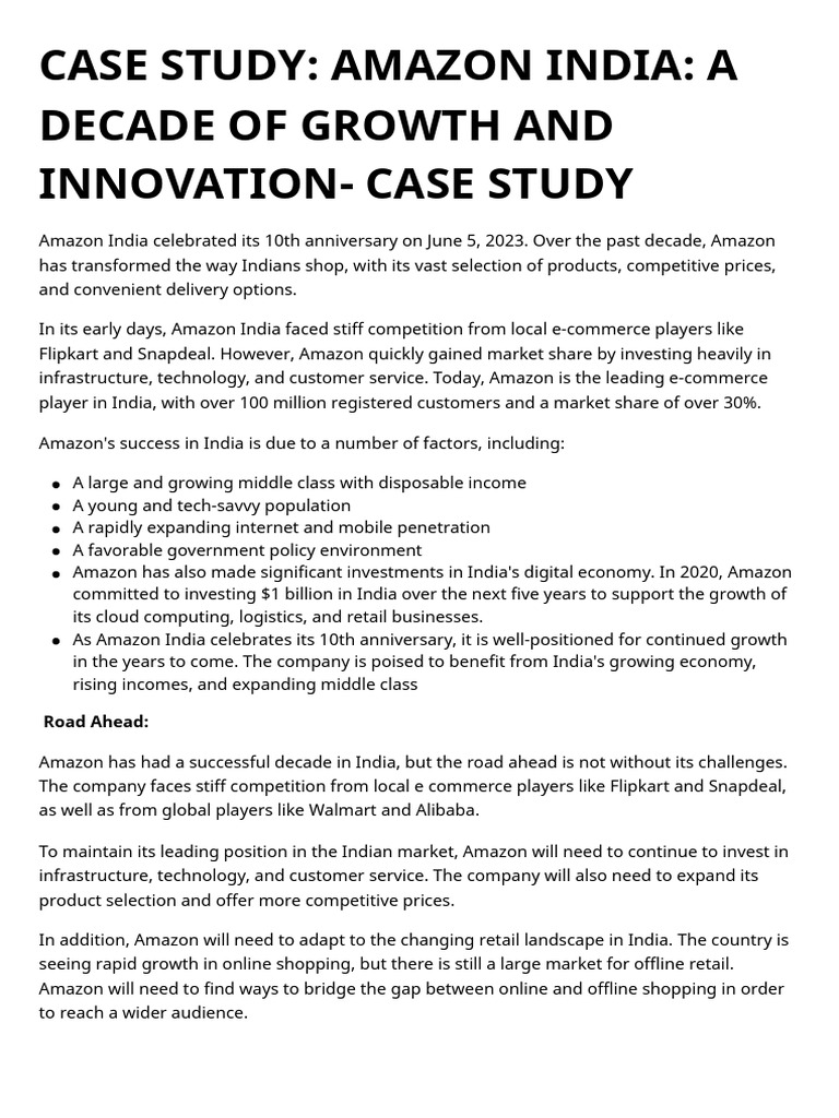 Case Study Amazon India A Decade of Growth and Innovation - Case Study | PDF