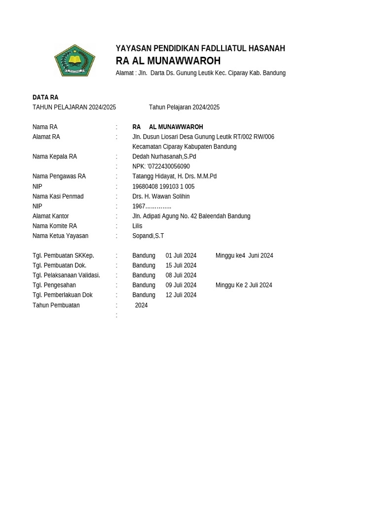 Contoh Doc. Kora Paud TH 2024-2025 | PDF
