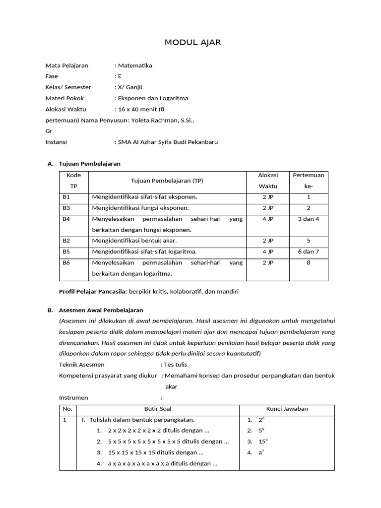 Modul Ajar Eksponen & Logaritma | PDF