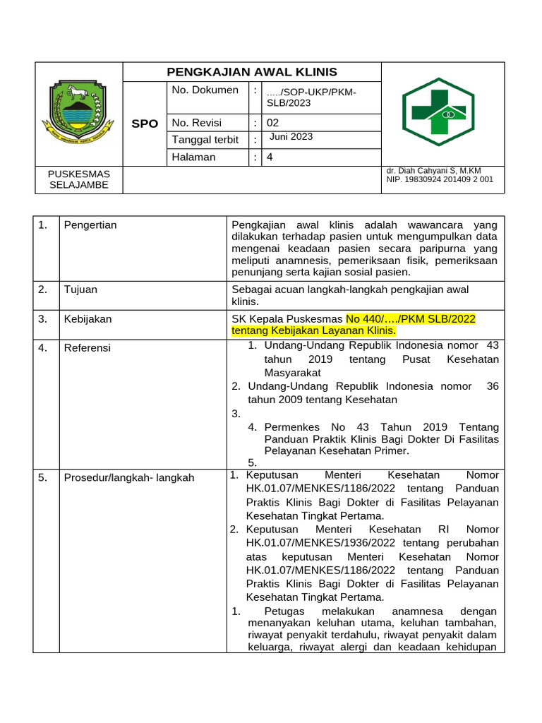 SOP Pengkajian Awal Klinis | PDF