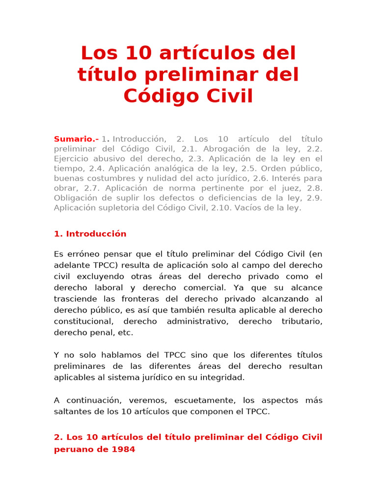 Los 10 Artículos Del Título Preliminar Del Código Civil | PDF