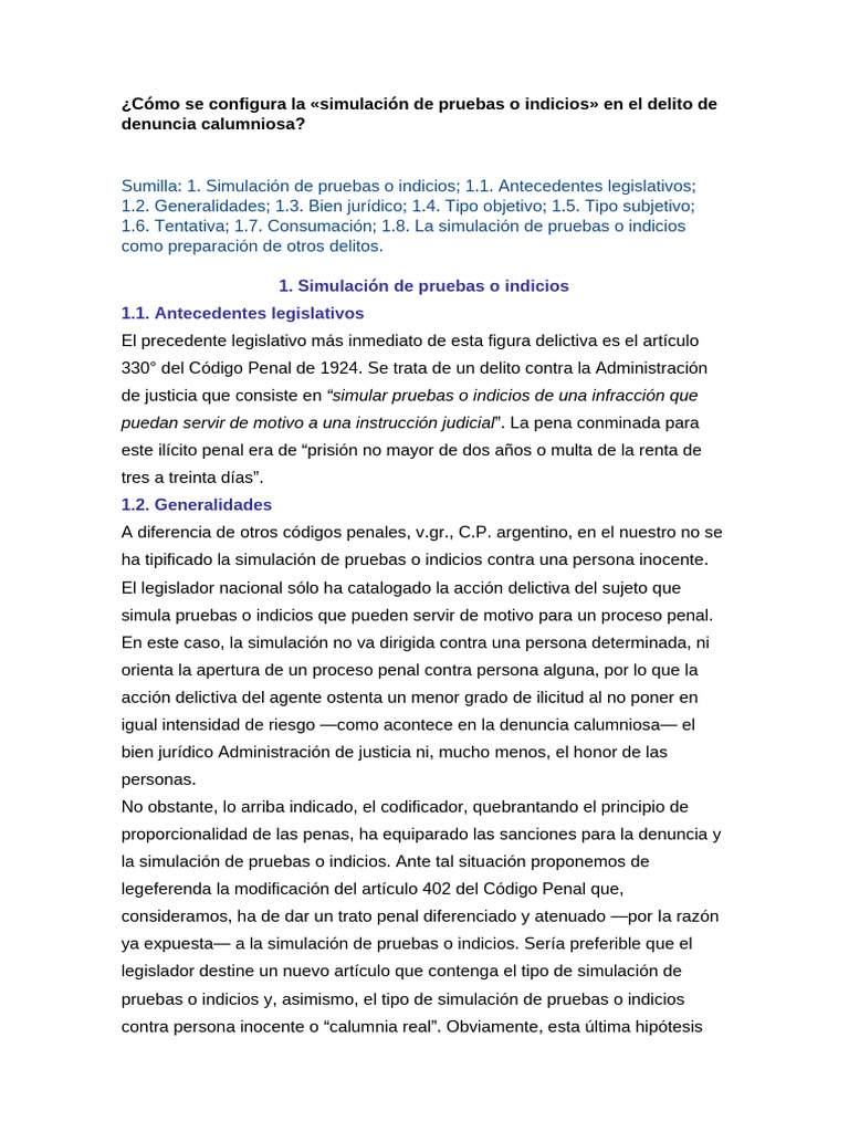 simulación de pruebas o indicios» en el delito de denuncia calumniosa | PDF simulación de pruebas o indicios» en el delito de denuncia calumniosa | PDF