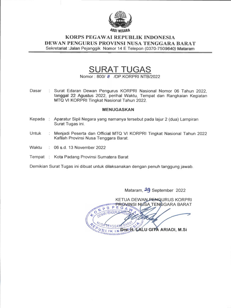 SURAT MANDAT MTQ VI KORPRI KAFILAH PROVINSI NTB 2022 | PDF
