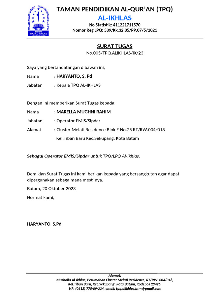 Surat Tugas TPQ | PDF | Pengelolaan Keuangan & Uang