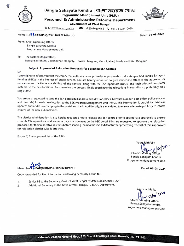 LETTER TO DM BIRBHUM-RELOCATION | PDF