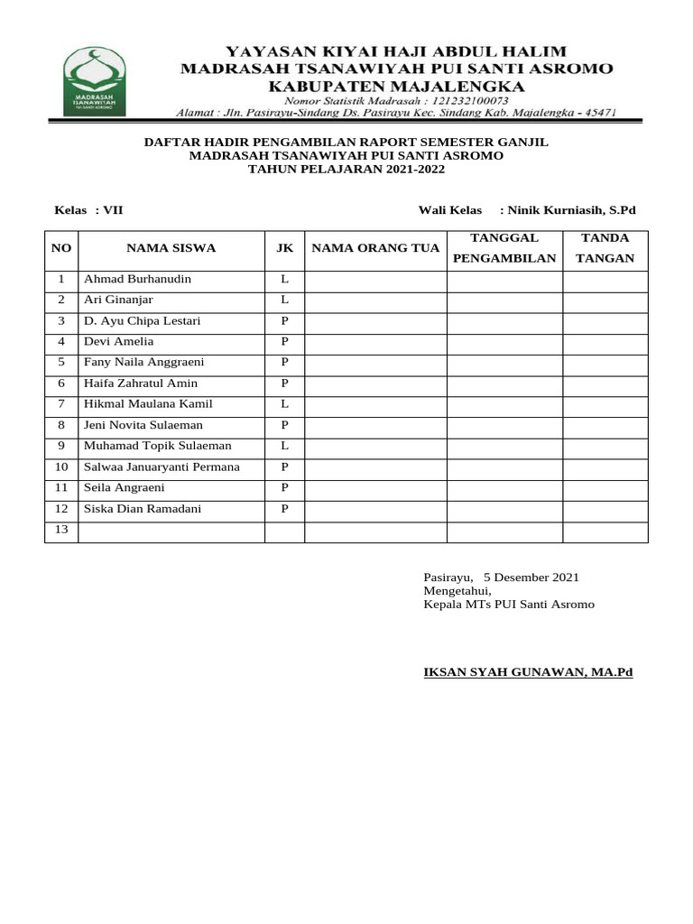 Daftar Hadir Pengambilan Raport Semester Ganjil | PDF