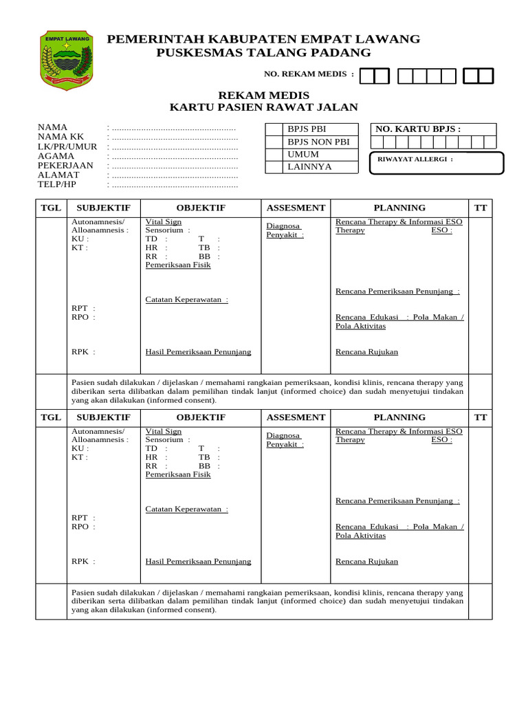 Kartu Pasien Rawat Jalan Puskesmas Talang Padang | PDF