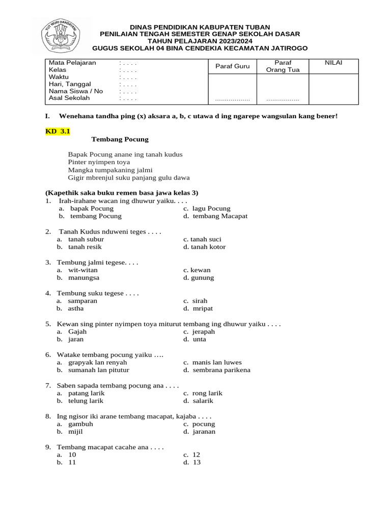 Soal PTS 2 Bahasa Jawa Kelas 3 K13 - GALIH | PDF