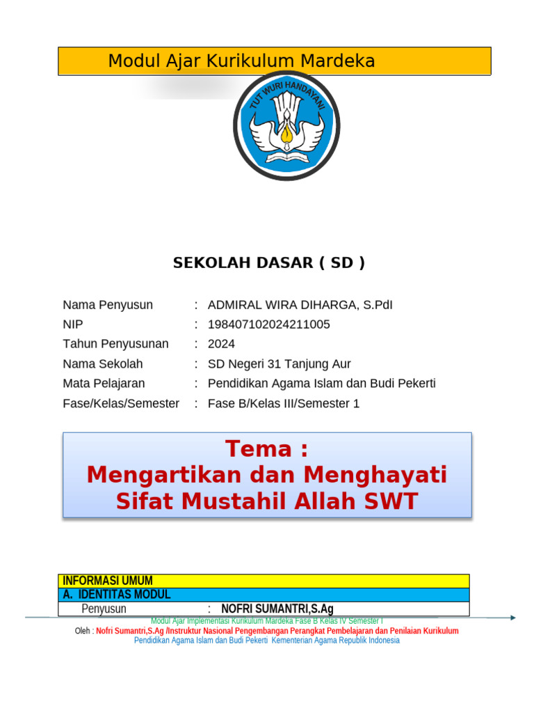 Modul Ajar Kelas 3 Bab 2 Mengartikan Dan Menghayati Sipat Mustahil Allah SWT | PDF