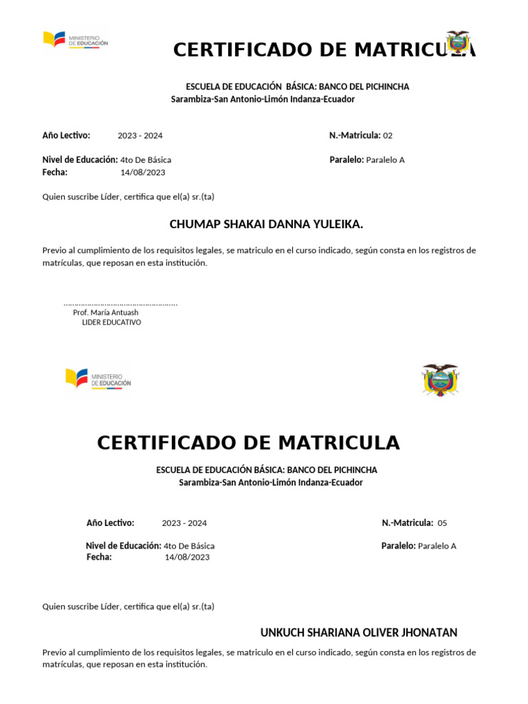 Certificado de Matricula - 4to | PDF