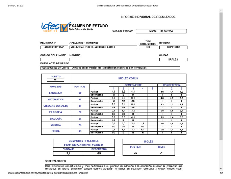 Resultados Icfes 2014 | PDF
