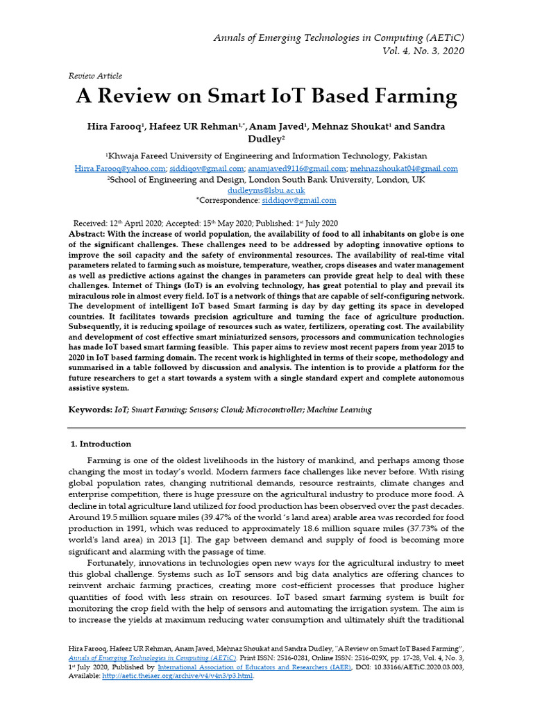 Smart IoT Farming Review 2020 | PDF | Internet Of Things | Agriculture