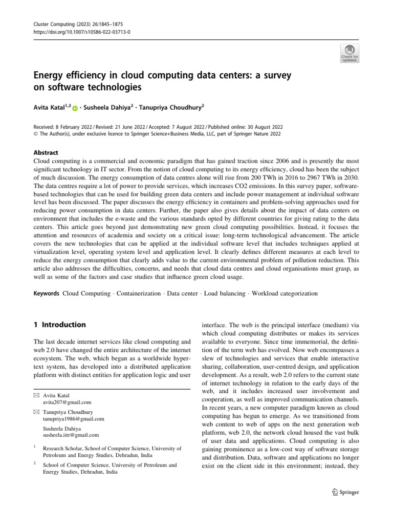 Energy Efficiency in Cloud Computing Data Centers: A Survey On Software Technologies | PDF ...